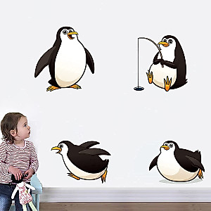 MEFOSS 4 Sheets Cute Penguin Wall Decals Removable Penguins Wall Paper Stickers Peel and Stick Baby Kids Bedroom Playroom Nursery Room Decor