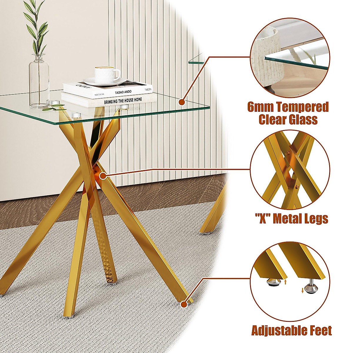 IANIYA Modern Glass End Tables Set of 2 - Stylish and Durable for Any Space (End Table x2, Gold)