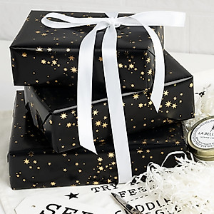 RUSPEPA Wrapping Paper Roll - Mini Roll - Gold Foil Star Black Background Design for Wedding, Birthday, Shower, Congrats, and Holiday - 17 Inches X 32.8 Feet