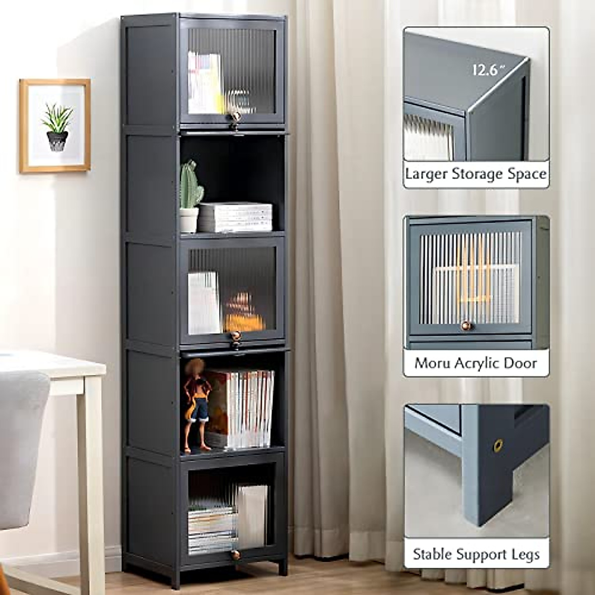 IOTXY Small Narrow Shelf Bookcase - 3-Tier Bamboo Corner Bookshelf with Moru Acrylic Doors, Freestanding Tall Skinny Storage Organizer Rack, for Living Room, Kitchen, Bedroom, Gray, 15.7" W