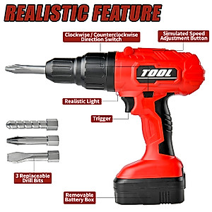 Toy Choi's Toy Drill for Kids - Electric Kid Drill Set Pretend Play Tool with Realistic Sound & Action, Construction Toy Tools for Kids Ages 3-5 with Toddler Drill Screw Set (Red)