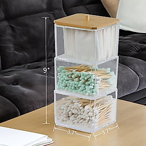 Clear Bathroom Dresser Organizer 3 Compartment with 1 Lid, Transparent Hair Accessories Organizer, Cotton Ball and Swab Holder, Small Plastic Storage Containers Vanity Makeup Organization (Wood Lid)