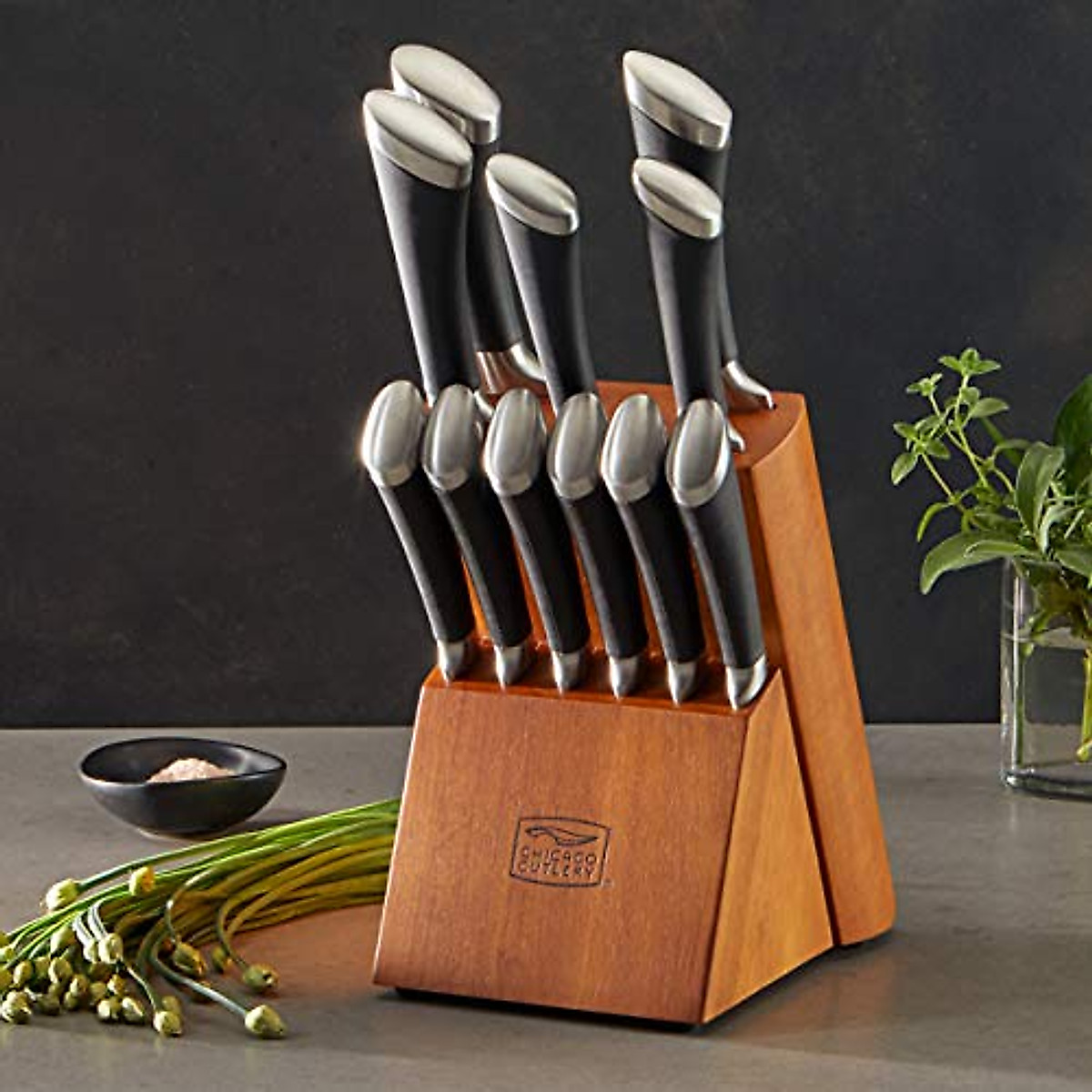 Chicago Cutlery Fusion 12 Piece Forged Premium Knife Block Set with Wooden Storage Block, Cushion-Grip Handles with Stainless Steel Blades, Kitchen Knife Set