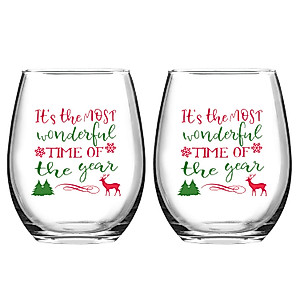 Futtumy It's the Most Wonderful Time of the Year Stemless Wine Glass 15oz, Unique Christmas Wine Glass for Men Women Mom Dad Wife Husband Friend on Christmas Birthday Wedding, Set of 2