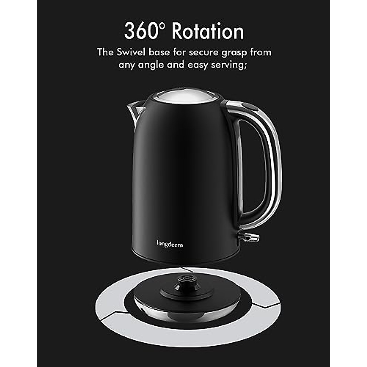 Longdeem Fast-Boil Electric Tea Kettle, 1.7L Stainless-Steel Water Heater, 1500W, Cordless Matte Black Design with LED, Auto-Shutoff & Anti-Dry Protection