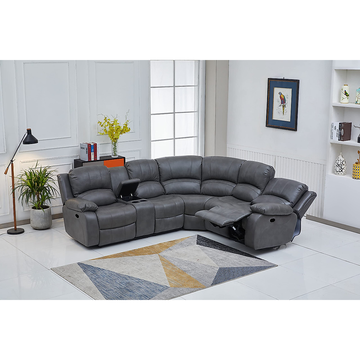Betsy Furniture Bonded Leather Sectional in Multiple Colors, Sectional with 3 Reclining Seats, Console (Grey, Left Console Sectional)