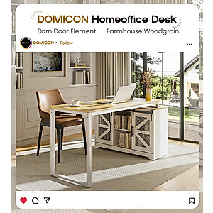 DOMICON Rustic Corner Desk with Storage, L Shaped Farmhouse Office Desk with Sufficient Storage Capacity, Built-in Power Socket and Barn Door Design