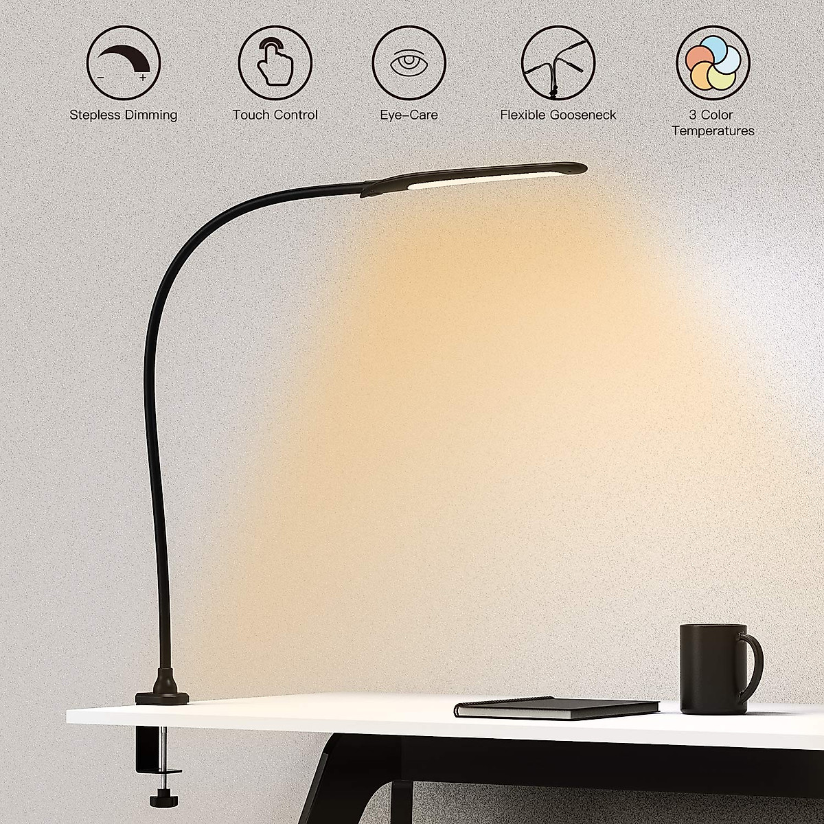 YOUKOYI Desk Lamp with Clamp, Swing Arm Lamp, Flexible Gooseneck Architect Table Lamp - Stepless Dimming, 3 Color Modes, Touch Control, 9W, 1050LUX Eye-Care for Study/Reading/Office/Work (Black)