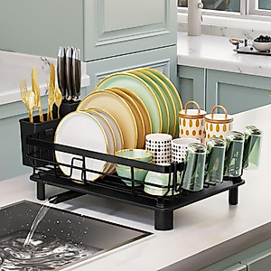 Lyellfe Dish Drying Rack, Rust-Proof Dish Drainer with Drainboard Utensil Cup Holder, Black Iron Dish Rack and Drainboard Set for Kitchen Counter, Over The Sink