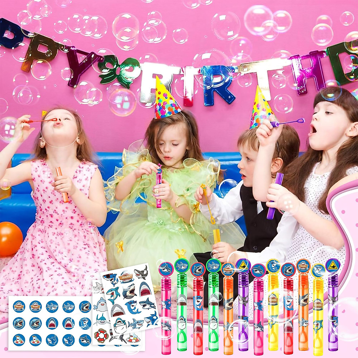 24PCS Shark DIY Bubble Wands Party Favors 96PCS Stickers for Goodie Bag Fillers Pinata Stuffers, Mini Bubble Bulk Birthday Party Supplies Toys Gifts Class Prizes for Toddlers Boys Girls