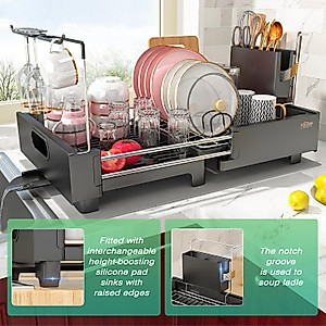 Dish Drying Rack - Expandable Large Dish Racks, Dish Drainer with Adjustable Water Outlet, Dish Rack for Kitchen Counter with Cutlery & Cup Holders, Black