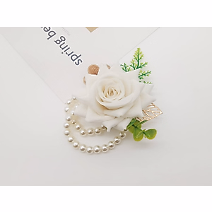 BASIMAN White rose Wrist corsage for wedding best maid decoration, Boutonnieres, Bridesmaid Corsage Bracelet, Bridal Accessories, Prom, Bridal Shower (6Pcs White Wrist Corsage)