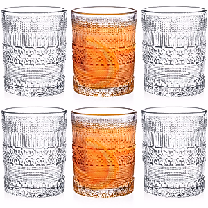 Coloch 6 Pack 11 Oz Romanstic Drinking Glasses, Embossed Water Glasses Vintage Heavy Base Whiskey Glasses Clear Glass Tumblers for Juice, Beverages, Cocktail, Coffee, Bar, Restaurant, Kitchen