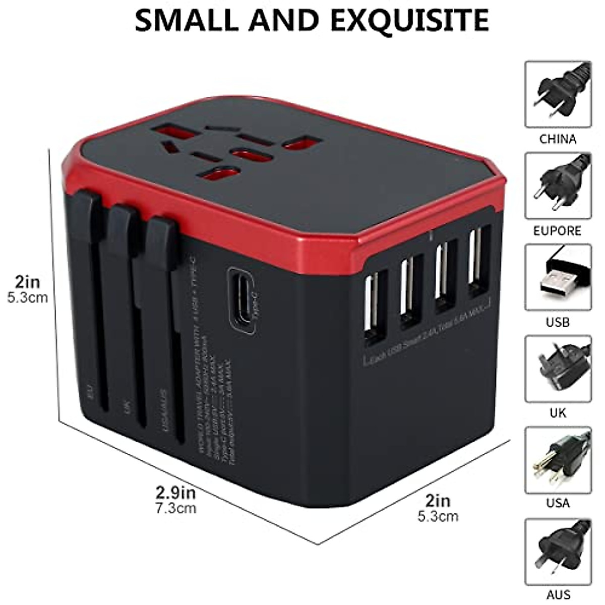 International Universal Travel Adapter, All-in-One Global AC Charger Socket. The 5.6A 4 USB and Type c Multi-Function Conversion Plug is Suitable for Many Countries Around The World. (Red)