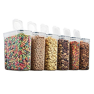 6 Pack Airtight Cereal & Dry Food Storage Container - BPA Free Plastic Kitchen and Pantry Organization Canisters for, Flour, Sugar, Rice, Nuts, Snacks, Pet Food & More (135.5 Oz) Labels & Chalk Marker