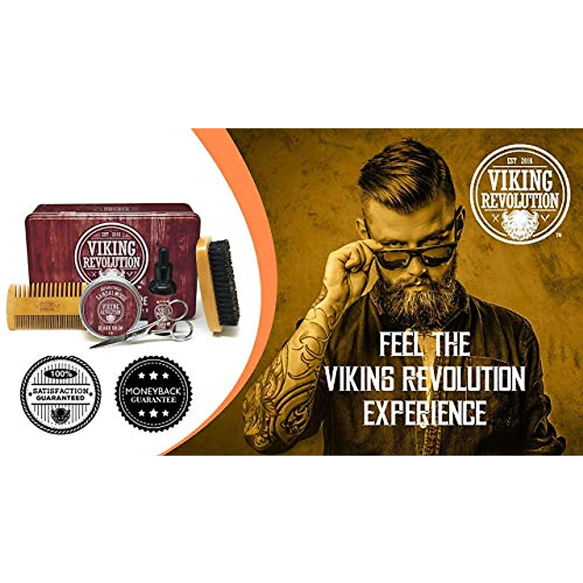 Viking Revolution Beard Grooming Kit for Men - Ultimate Beard Kit - Boar Beard Brush, Wood Beard Comb, Sandalwood Beard Balm, Sandalwood Beard Oil, Beard & Mustache Scissors