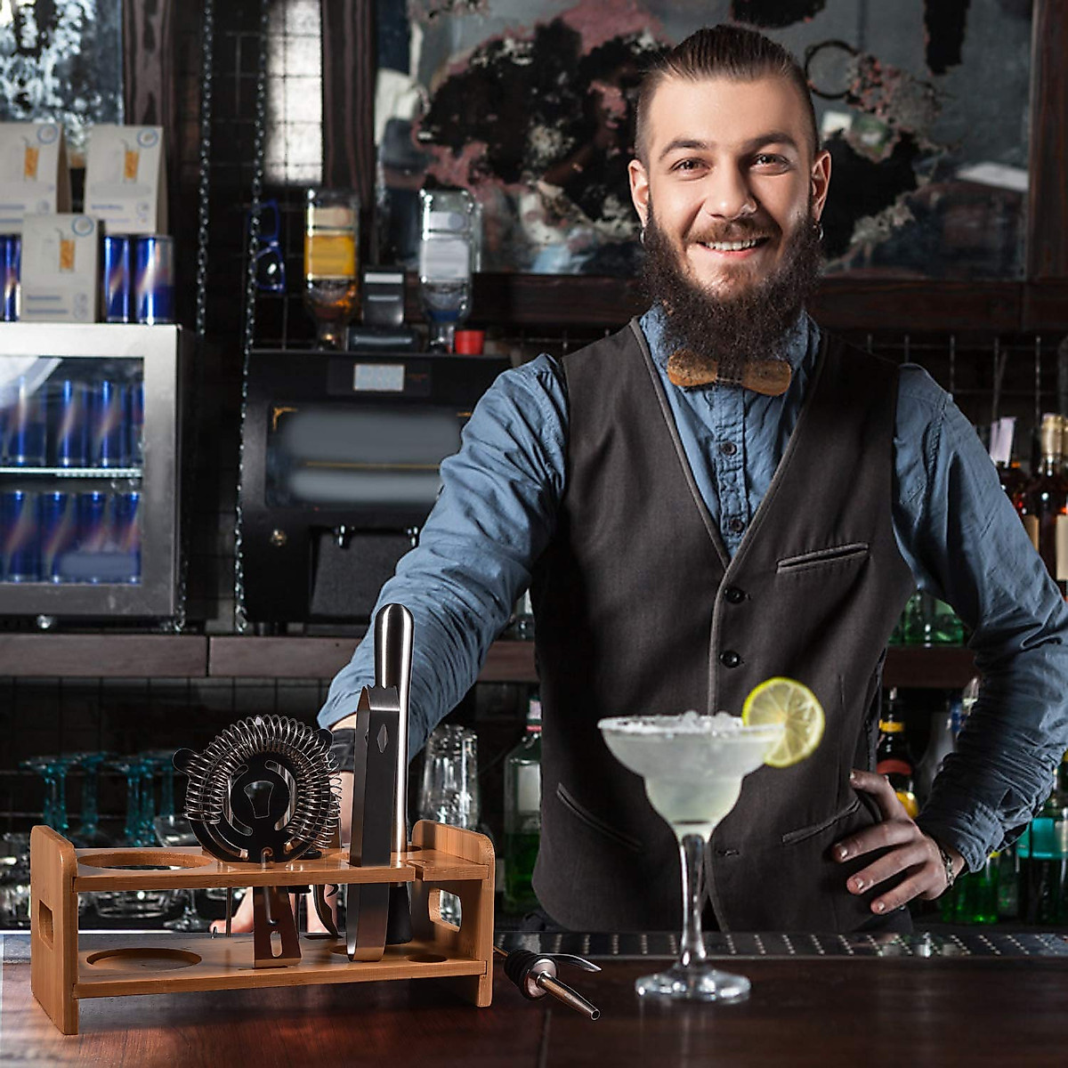 Esmula Bartender Kit with Stylish Bamboo Stand, 12 Piece Cocktail Shaker Set for Mixed Drink, Professional Stainless Steel Bar Tool Set - Cocktail Recipes Booklet(25 oz)