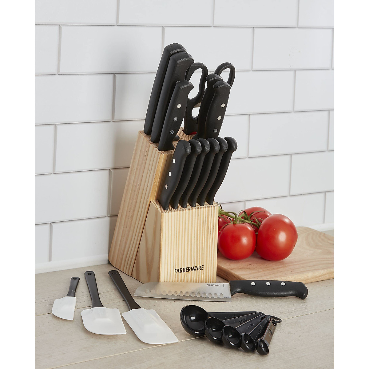 Farberware 22-Piece Never Needs Sharpening Triple Rivet High-Carbon Stainless Steel Knife Block and Kitchen Tool Set, Black