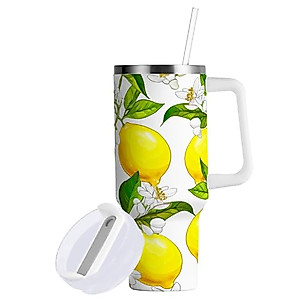 RPLIFE Bright Yellow Lemons White 40 Oz Tumbler, Stainless Steel Tumbler with Straw, Tumblers for Women