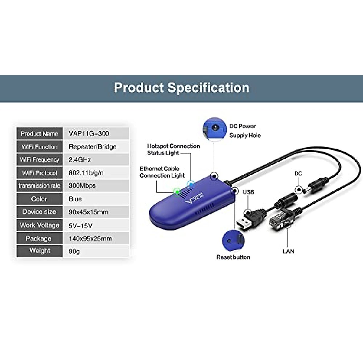 VONETS WiFi to Wired WiFi Bridge Ethernet/Signal Repeater Mini Industrial 2.4GHz 300Mbps 1 RJ45 Male USB/DC Powered for Monitoring,Electronic Scales,IP Printer,Robots,Medical Devices VAP11G-300