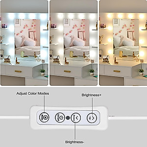 ANWBROAD Makeup Vanity Desk Vanity Set with 10 LED Bulbs Lighted Mirror Makeup Vanity Table Set with Charging Station Nightstand 3 Colors Modes Dimming Cushioned Stool Large Mirror White UBDT53W
