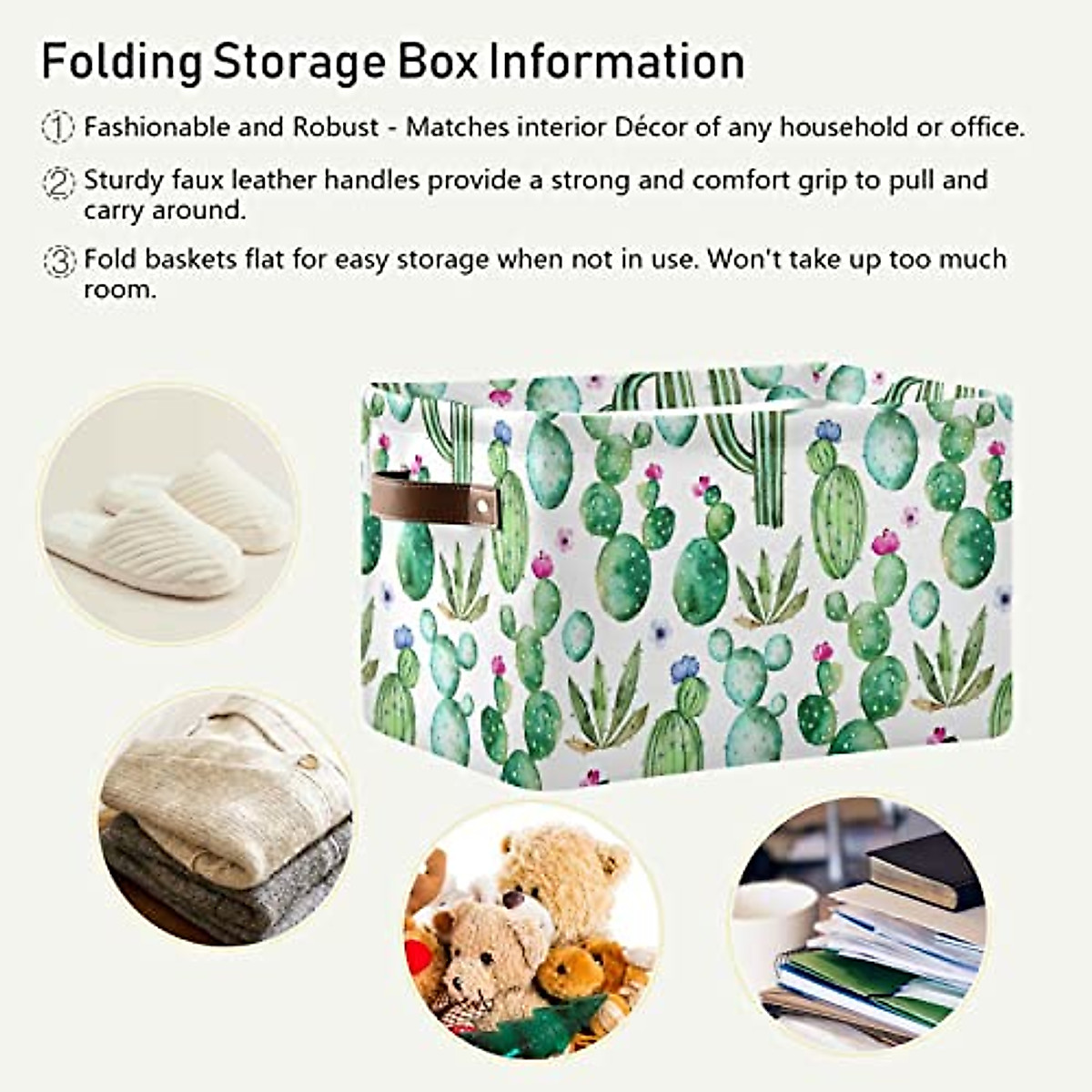 ALAZA Green Cactus Plant Flower Foldable Storage Box Storage Basket Organizer Bins with Handles for Shelf Closet Living Room Bedroom Home Office 2 Pack
