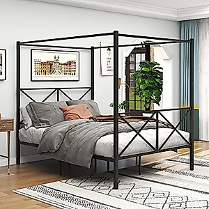 KARHIBLY Metal Canopy Bed Frame, Platform Bed Frame Queen with X Shaped Headboard and Footboard, No Box Spring Needed, Black (Queen)