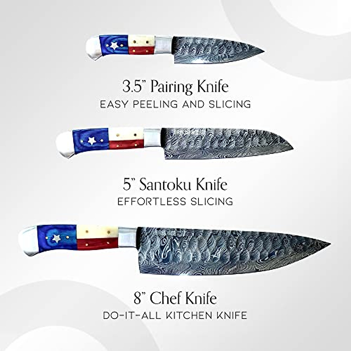 Breliser- 3-Piece Knives Set for Kitchen, Damascus Chef Knife Set With Professional Chef Knife, Santoku Knife, & Paring Knife, Full Diamond-Hammered Kitchen Knifes With Texas Handles, Gifts for Chefs