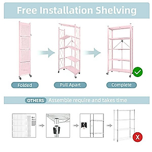 AZEITE 5-Tier Storage Shelving Unit, Heavy Duty Metal Shelf 27.9"x13.4"x62.5, Foldable Storage Shelf with Wheels, Garage Shelf, Kitchen Shelf with 4 Hooks, No Assemble Require（Pink）