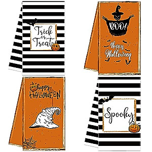 4 PCS Halloween Dish Towels Happy Halloween Kitchen Towels Trick or Treat Boo Spooky Tea Towels Halloween Dishcloth for Kitchen Home Decor Bathroom Table, 18" x 26"