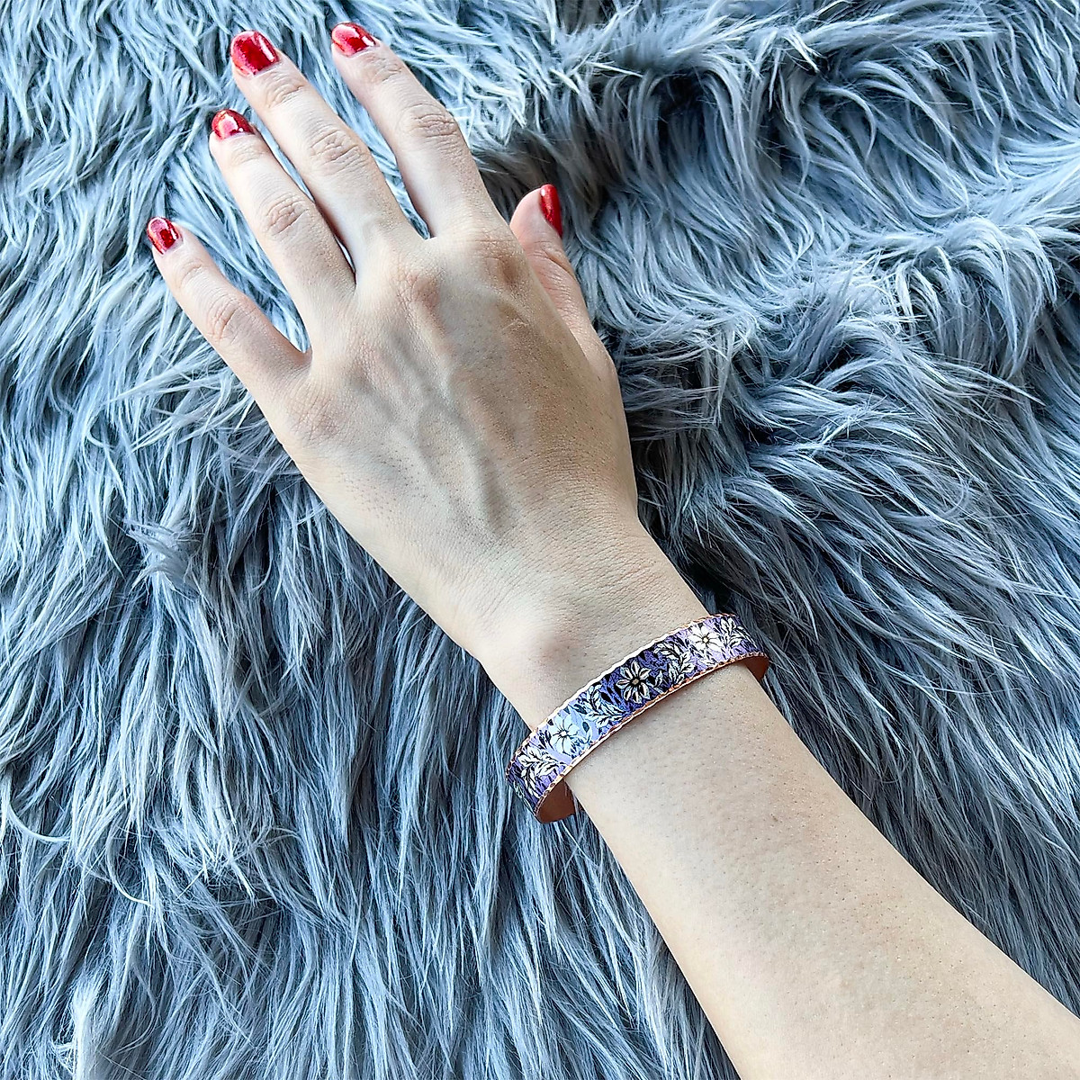 FRONT LINE JEWELRY Women's Flower Bracelets Cuff Open Flower Cuff Daisy Flower on a Sleek Purple Copper Cuff Nature Jewelry