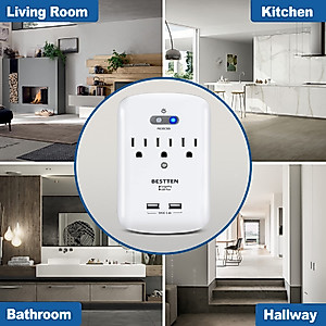 BESTTEN [3 Pack] USB Wall Outlet Surge Protector, 2.4A Dual USB Ports, 3 AC Outlets, 900 Joule Surge Suppression Rating, LED Night Light, ETL Listed