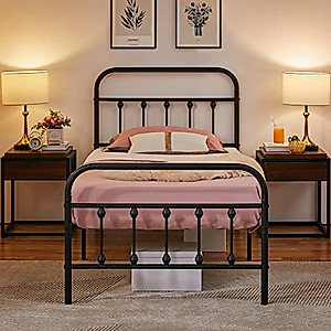 Topeakmart Twin XL Size Victorian Style Metal Bed Frame with Headboard/Mattress Foundation/No Box Spring Needed/Under Bed Storage/Strong Slat Support Black