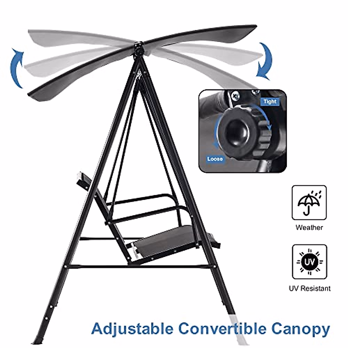 Mcombo 2-Person Patio Swing Chair with Adjustable Canopy Outdoor, Steel Frame Breathable Seats Hanging Porch Swing, 4001 (Grey)