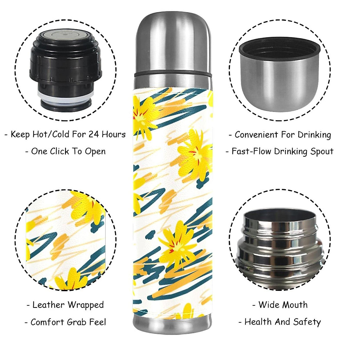 Stainless Steel Leather Vacuum Insulated Mug Yellow Flower Thermos Water Bottle for Hot and Cold Drinks Kids Adults 16 Oz