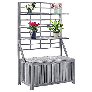 TIFITGO Asomie Storage Box with Trellis Gray 39"x21.7"x63" Solid Acacia Wood Indoor stockage bin home chest house tank Outdoor Furniture Outdoor Storage Boxes US Stock Fast Shipment Brown