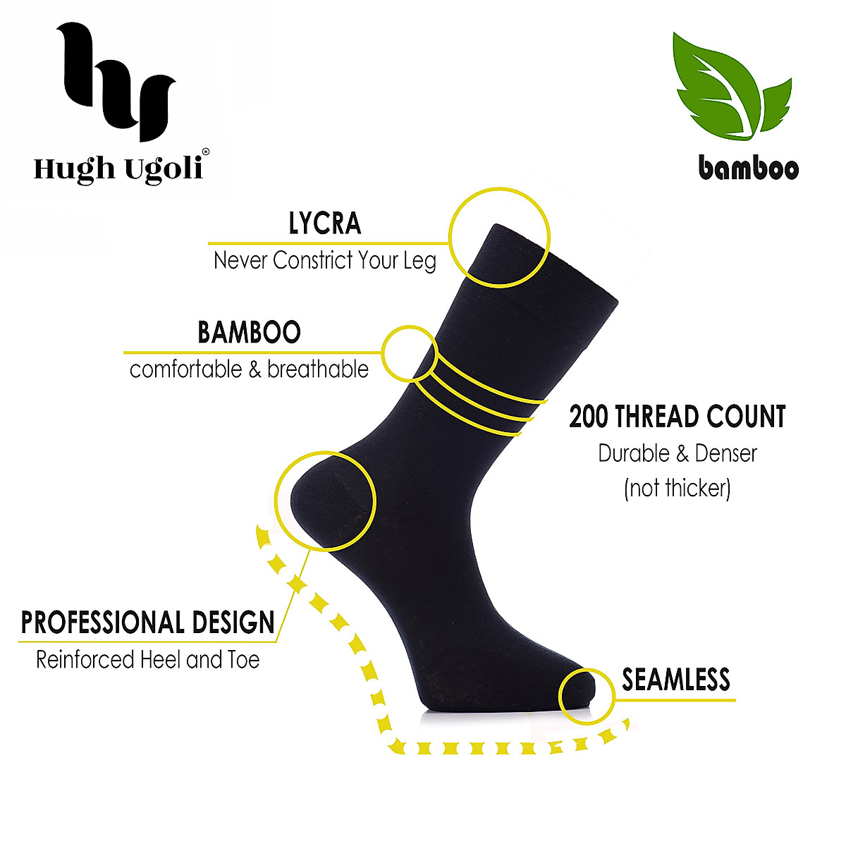 Hugh Ugoli Men's Bamboo Dress Socks for Business & Trouser, Thin & Seamless Crew Socks, 4 Pairs with Gift Box, Navy Blue, Shoe Size: 8-12