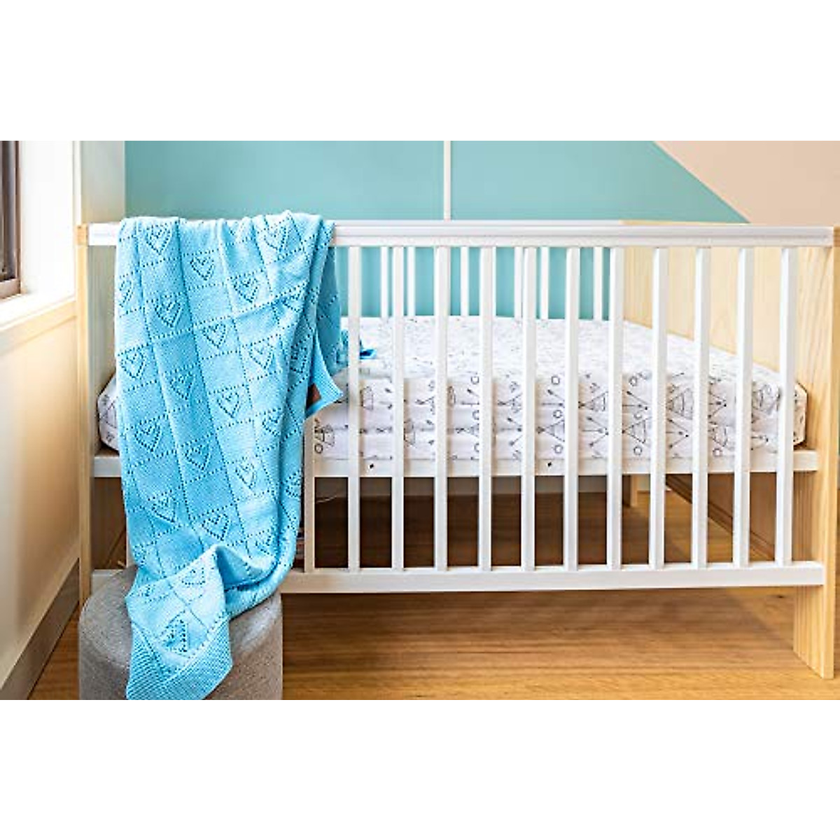 100% Organic Cotton Large Knit Baby Blanket, Swaddle, Receiving, Stroller and Photography Blankets, Pink, Blue and White, 40”x47” GOTS Certified – Boy, Girl for Newborn, Infant and Toddler (Blue)