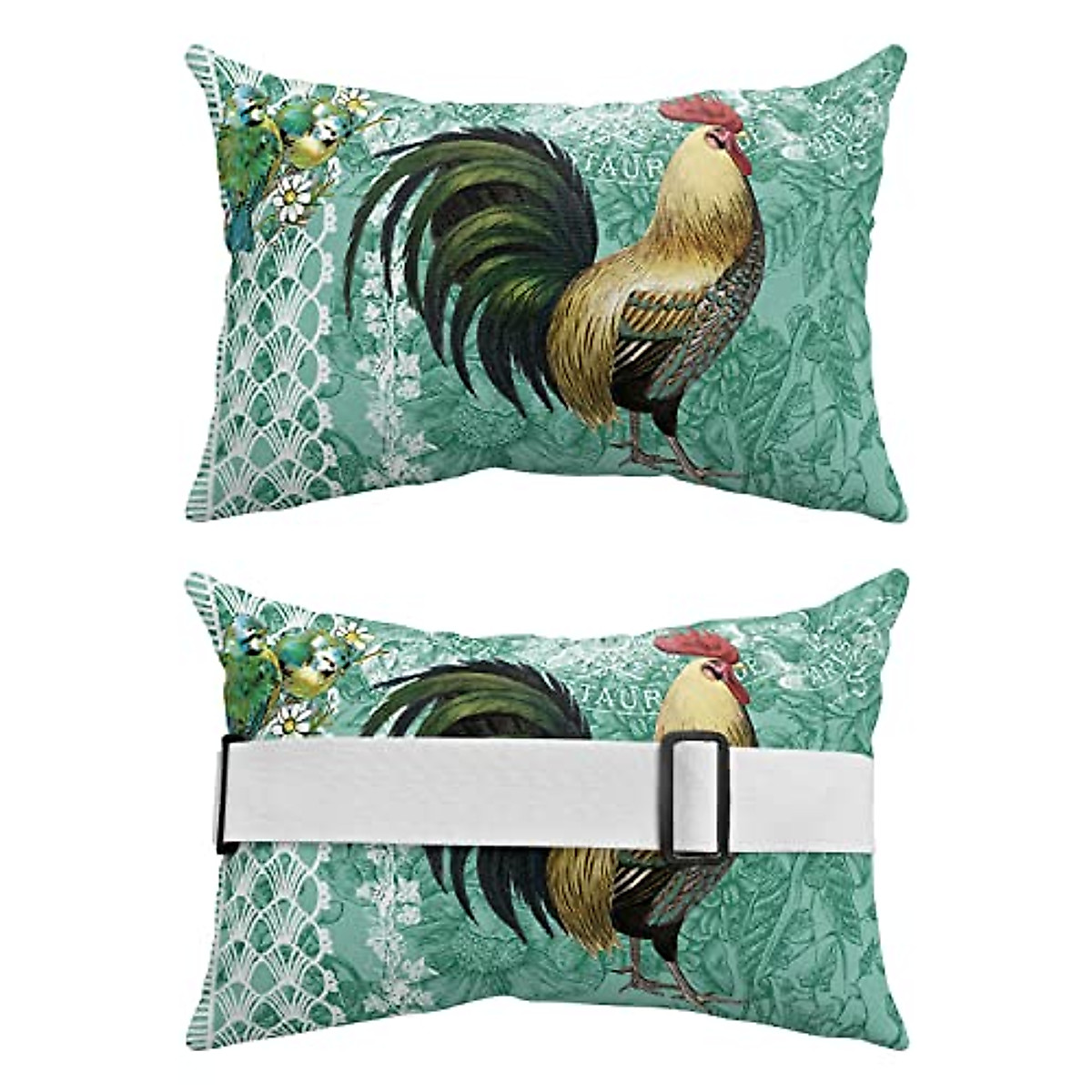 Recliner Head Pillow Ledge Loungers Chair Pillows with Insert Farmhouse Animal Rooster Retro Green Lumbar Pillow with Adjustable Strap Outdoor Waterproof Patio Pillows for Beach Pool, 2 PCS