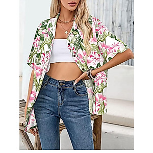 LILYCHIC Women’s Hawaiian Shirts Tropical Aloha Outfits Luau Summer Beach Tops Short Sleeve Floral Casual Blouses Pink S