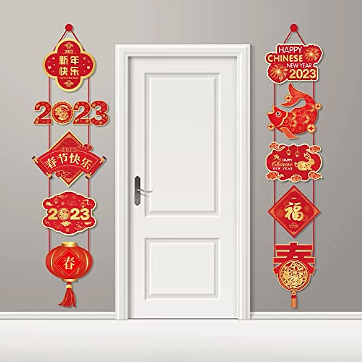 Happy Chinese New Year 2023 Party Decorations Porch Sign, 2023 Chinese New Year Banner Chinese Party Decoration Porch Sign Year of the Rabbit Welcome Sign Spring Festival Hanging Banner Decorations