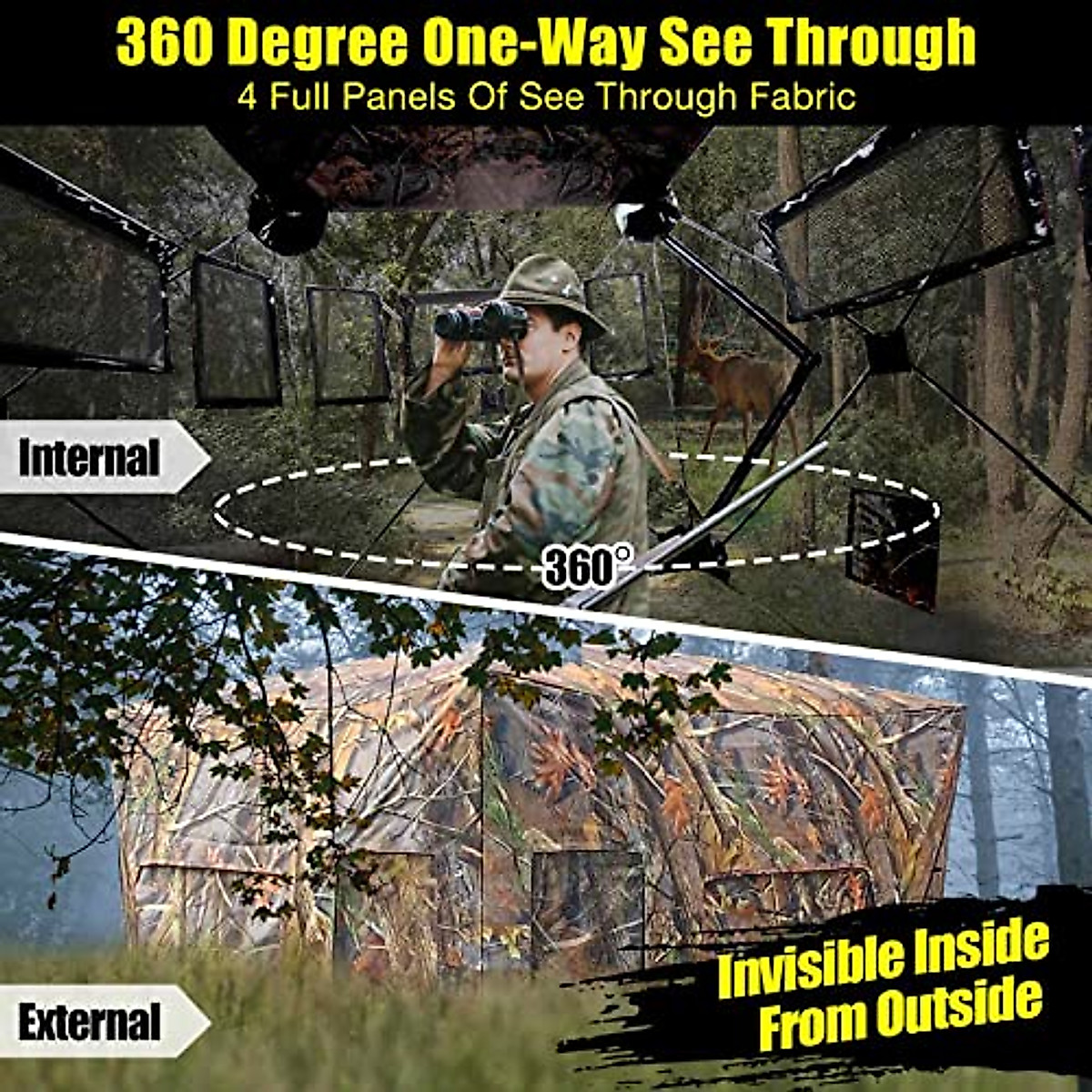 66FIT Hunting Blind 360 Degree See Through 2-3 Person Portable Pop Up Deer Blind for Hunting with Sliding Windows & Carrying Bag Ground Blind for Deer Hunting Turkey Hunting
