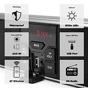 GoHawk RE9-X Gen.3 Waterproof Bluetooth Motorcycle Stereo Speakers LED Soundbar 7/8-1.25 in. Handlebar Mount MP3 Music Player Audio Amplifier System ATV 4 Wheelers USB AUX FM Radio