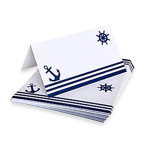 Nautical Place Cards - 25 Pack - Nautical Food Cards. Blue Anchor and Captain’s Wheel over Stripes Design, for Dinner Parties, Banquets, Cocktail Parties, Buffet. 2” x 3.5”. Scored for Folding.