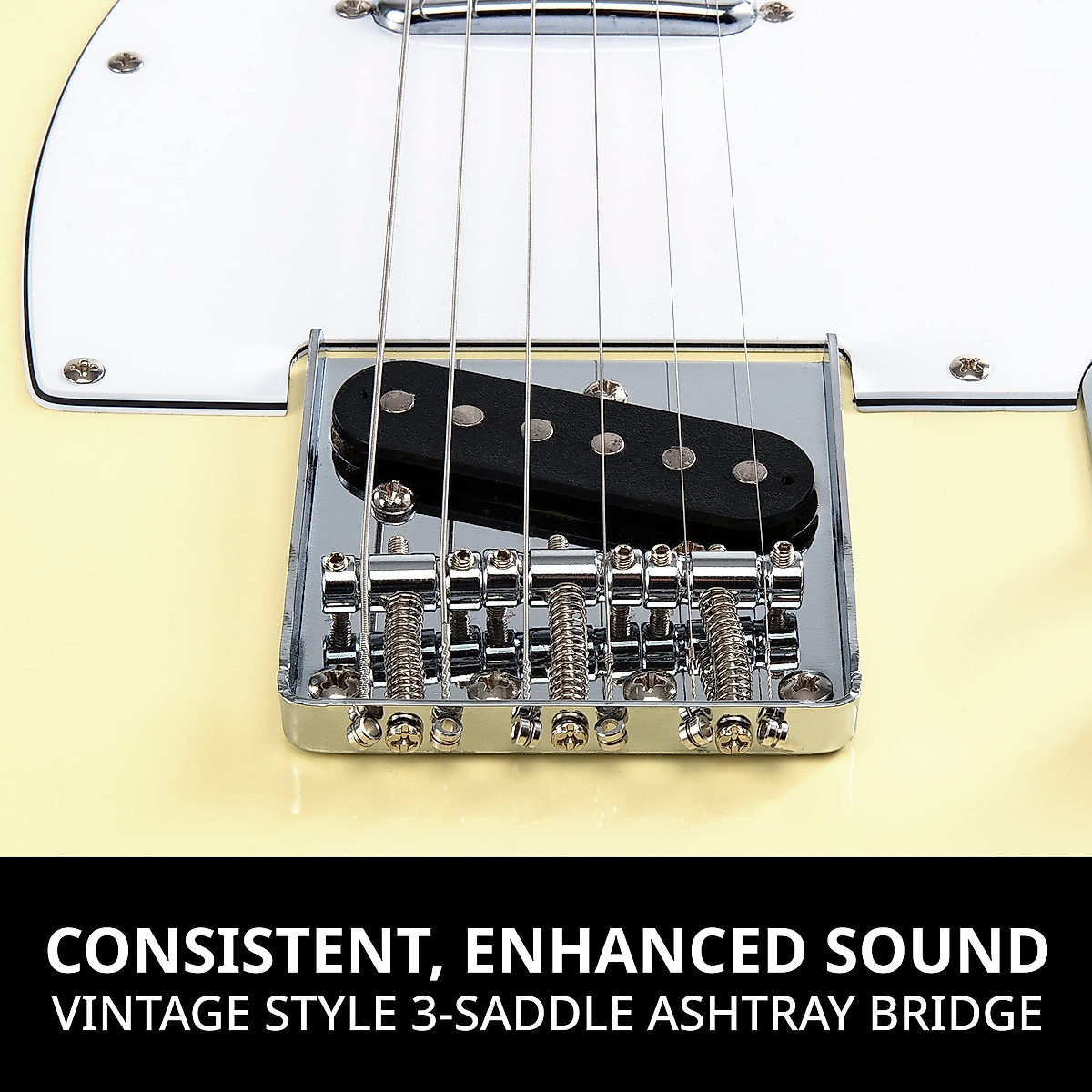 LyxPro 39” Electric Guitar TL Series, Full-Size Paulownia Wood Body, 3-Ply Pickguard, C-Shape Neck, Ashtray Bridge, Quality Gear Tuners, 3-Way Switch & Volume/Tone Controls, 2 Picks Included, White