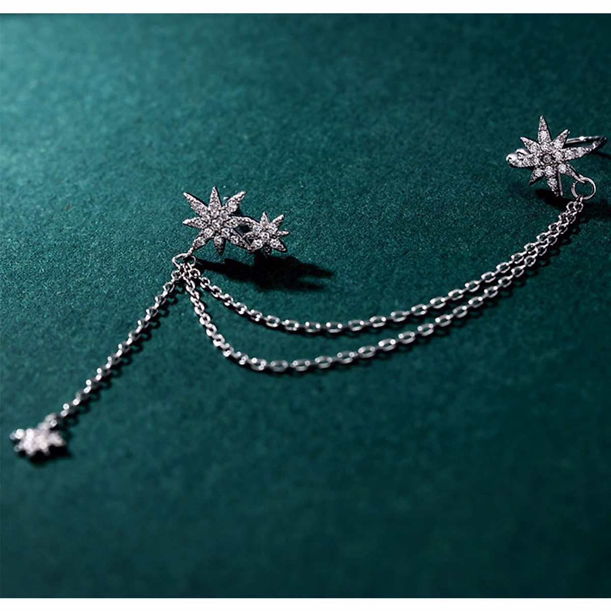 Ofeiyaa 6Pcs Tassel Ear Cuff Butterfly Snowflake Flower Star Moon Leaf CZ Cuff Earring Chain Set Crawler Climber Dangling Chain Wrap Clip on Earrings Jewelry for Women Men