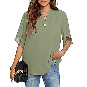Funlingo Women's Summer Tops Short Sleeve Casual Shirts V Neck Chiffon Dressy Blouse Flowy Tops Spring Clothes Light Green Large