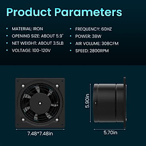 HG Power 6 Inch Exhaust Fan, 308CFM Wall Exhaust Fan for Kitchen, Bathroom, Metal Extractor Fan for Attic, Garage, Window Ventilation, HVAC System, Black