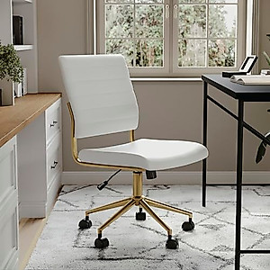 Martha Stewart Ivy Armless Swivel Task Chair for Home Office in White Faux Leather with Polished Brass Frame