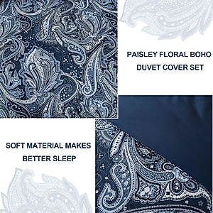Navy Paisley Duvet Cover Set Queen Size - 3 Pieces Navy Blue Boho Paisley Pattern Printed Bedding Set, Breathable Soft Microfiber Comforter Duvet Cover with Zipper Closure & Corner Ties (90''X90'')